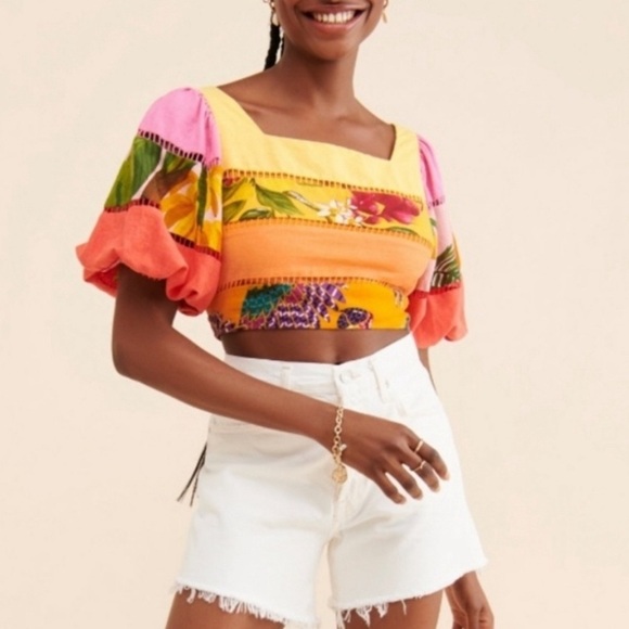FARM Rio | Tops | Farm Rio Rainbow Mixed Prints Tiered Linen Blend Top ...